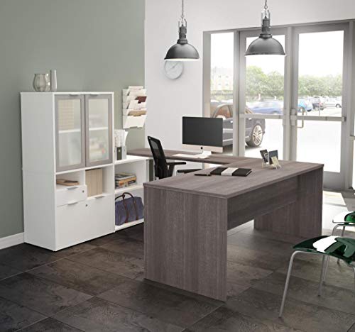 Bestar i3 Plus U-Shaped Executive Desk with Frosted Glass Doors Hutch, 72W, Bark Grey & White