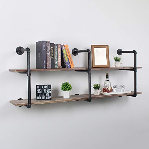 Industrial Pipe Floating Shelves,2 Tiers Wall Mount Bookshelf,63in Rustic Wall Shelves,DIY Storage Shelving Wall Shelf,Rustic Wall Shelving Unit,Wall Book Shelf for Home Organizer,Black Brushed Silver