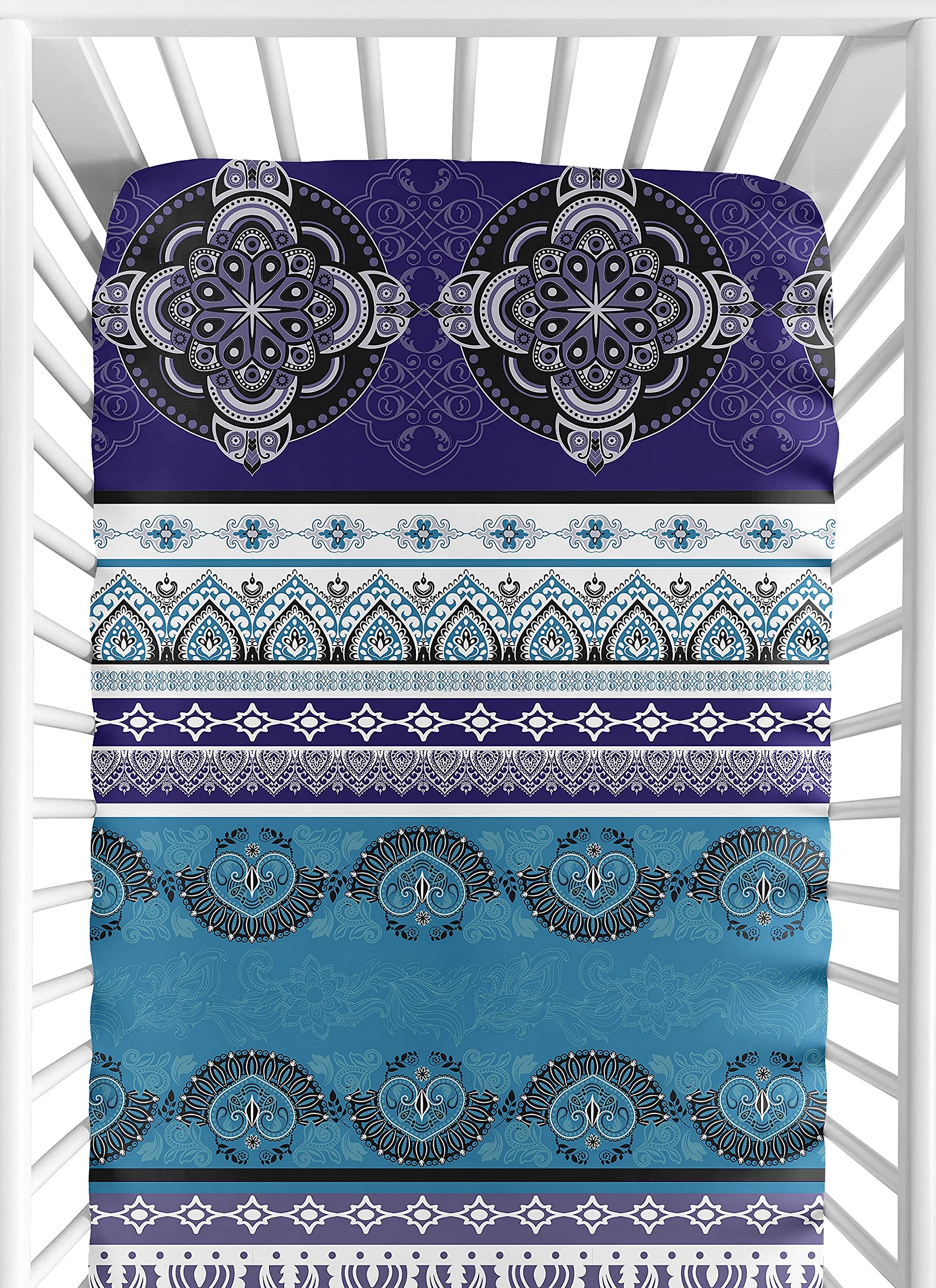 Sweet Jojo Designs Purple Boho Chic Girl Fitted Crib Sheet Baby or Toddler Bed Nursery - Teal Turquoise Blue Plum Black and White Bohemian Colorful Mandala Vintage Patterned Retro Hippie Hipster