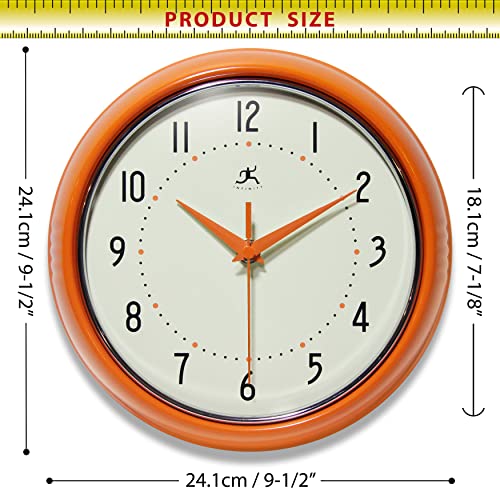 Infinity Instruments LTD. Retro 9 inch Silent Sweep Non-Ticking Mid Century Modern Kitchen Diner Wall Clock Quartz Movement Retro Wall Clock Decorative (Orange)