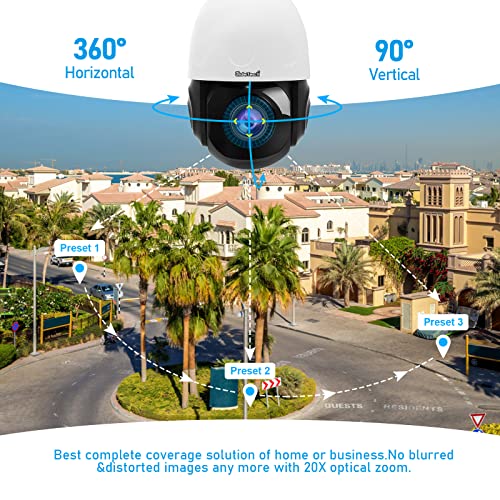 JideTech 5MP PTZ Camera Outdoor, 20X Optical Zoom Smart WiFi IP Camera with 360° Rotate,1000ft View Distance,SDM Array IR Night Vision,Auto-Tracking Detection Alarm,2-Way Audio,IP66 Waterproof