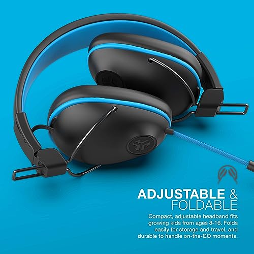 JLab JBuddies Pro Wired Over-Ear Kids Headphones, Built-in Volume Regulators for Safety, Folding, Adjustable, Noise Isolation, with Mic, Blue