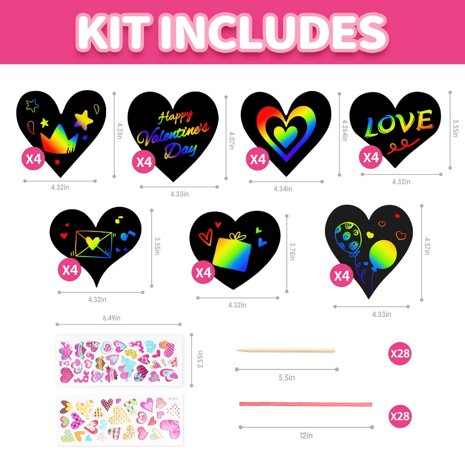 28 Pieces Valentines Crafts for Kids,Rainbow Scratch Paper Ornaments,Heart Shape Scratch Craft Art Kit for Class Valentines DIY Art Activity,School Valentines Day Gifts for Kids