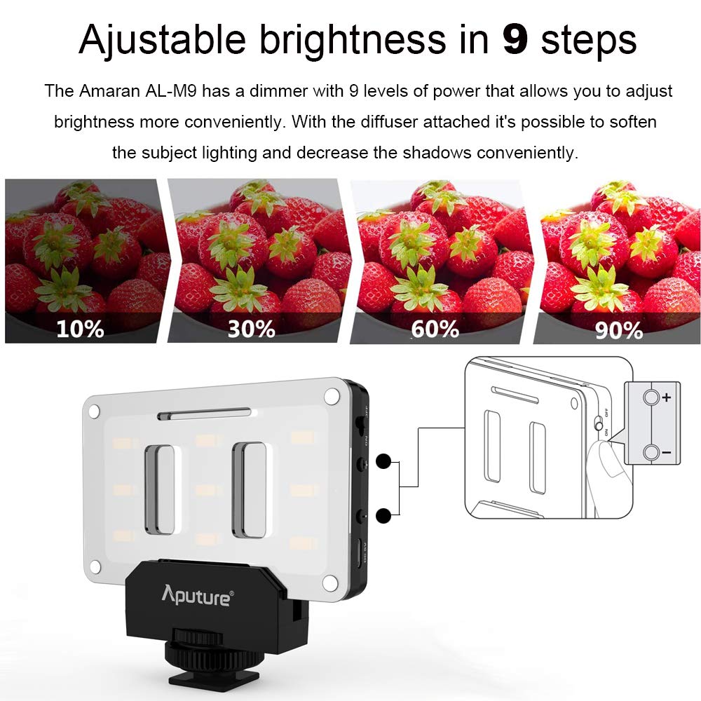 Aputure Amaran AL-M9 LED Light Built in Battery Pockable Mini TLCI/CRI 95+ On-Camera Video Lights 9pcs SMD Lighting for DSLR Camera