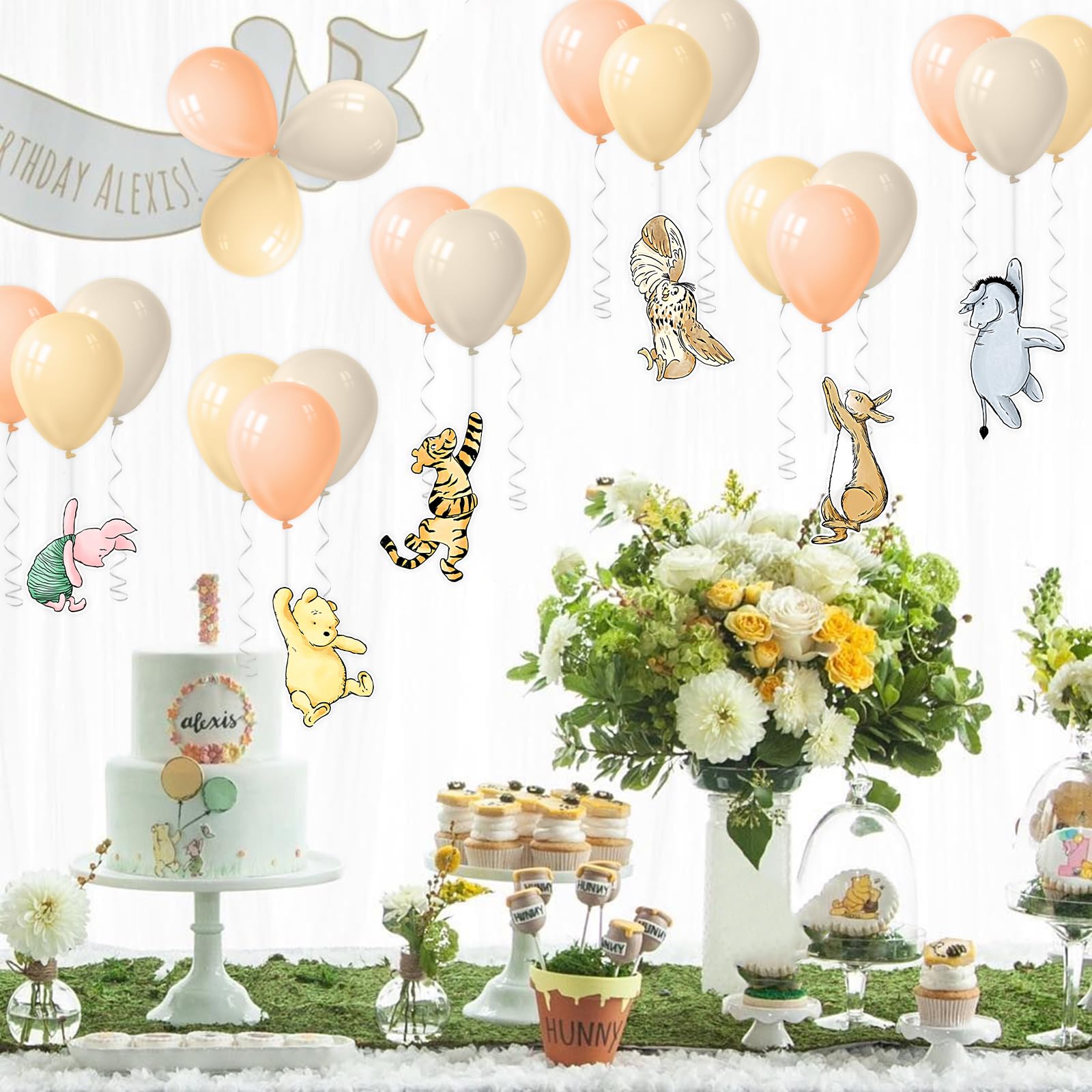 18 Pcs Classic Winnie Themed Hanging Decorations with Balloons - Baby Shower Birthday Party Supplies Set Nursery Decor