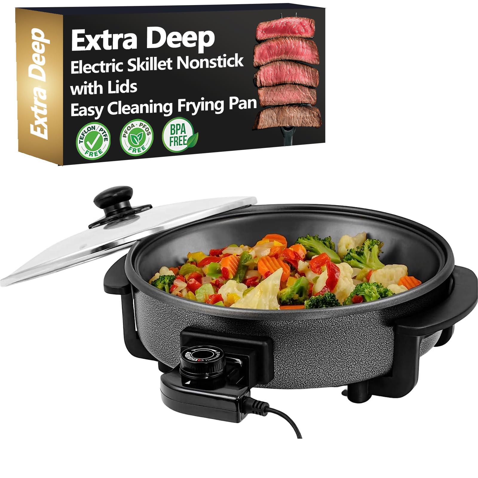 12-Inch Nonstick Electric Skillet - Aluminum Coated Grill Pan & Glass Lid Cover