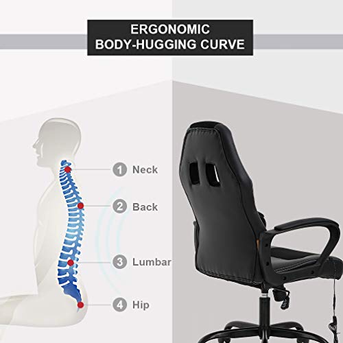 BestOffice BM-SV83-Black PC Gaming MassageErgonomic Desk Adjustable PU Leather Racing Lumbar Support Headrest Armrest Task Rolling Swivel Computer Chair for Women Adults, Black