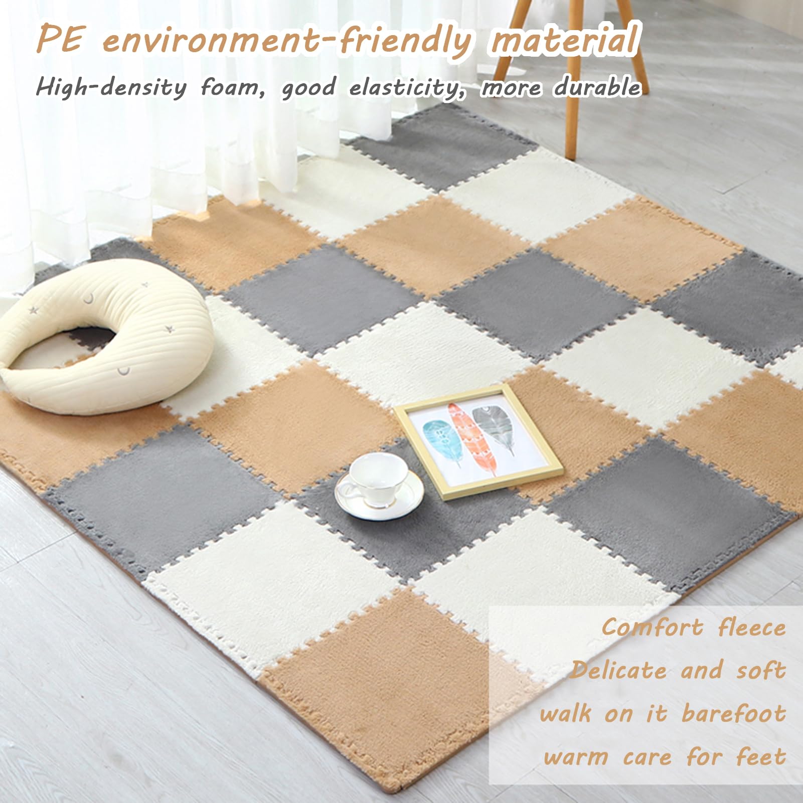 10pcs Puzzle Play Mats, 12" X 12" Plush Interlocking Carpet Tiles, Foam Square Area Rugs for Play Room, Bedroom, Easy to Install DIY(Color:White+Khaki)