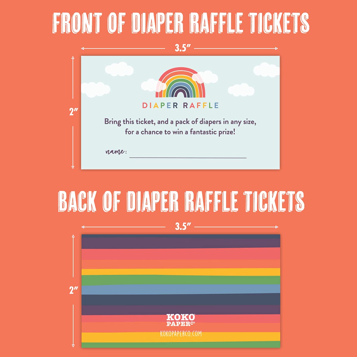Koko Paper Co Rainbow Baby Shower Invitations and Diaper Raffle Tickets | 25 Fill-in Invitations, 25 Bright White Envelopes and 25 Diaper Raffle Tickets | 75 pcs Total | Printed on Heavy Card Stock.