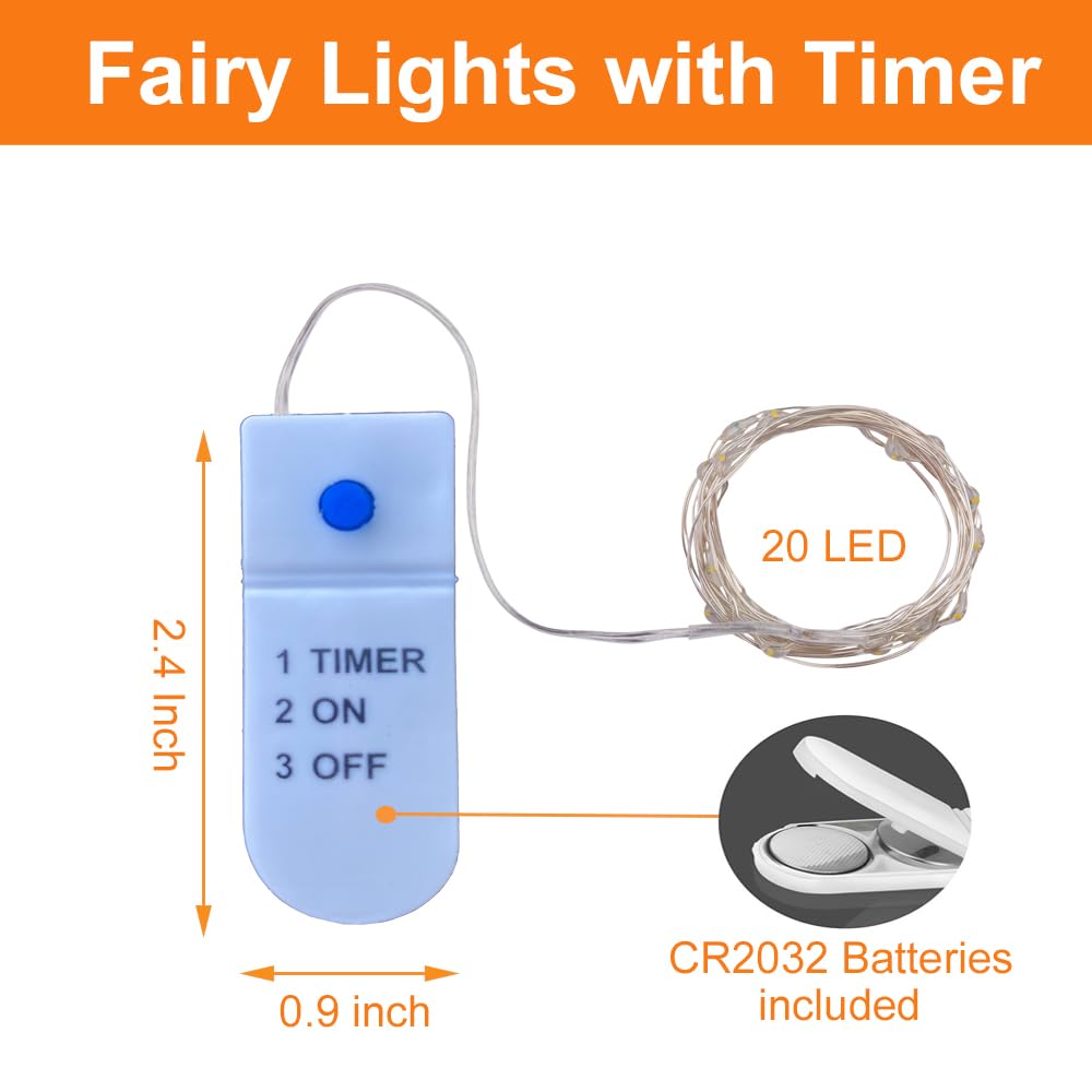 12 Pack Fairy Lights with Timer Battery Operated String Lights - 3.3ft 20 LED,Silver Wire Warm White Mini Lights for Wedding,Party Centerpieces,Table Decor,DIY Crafts,Festivals,Mason Jars Décor