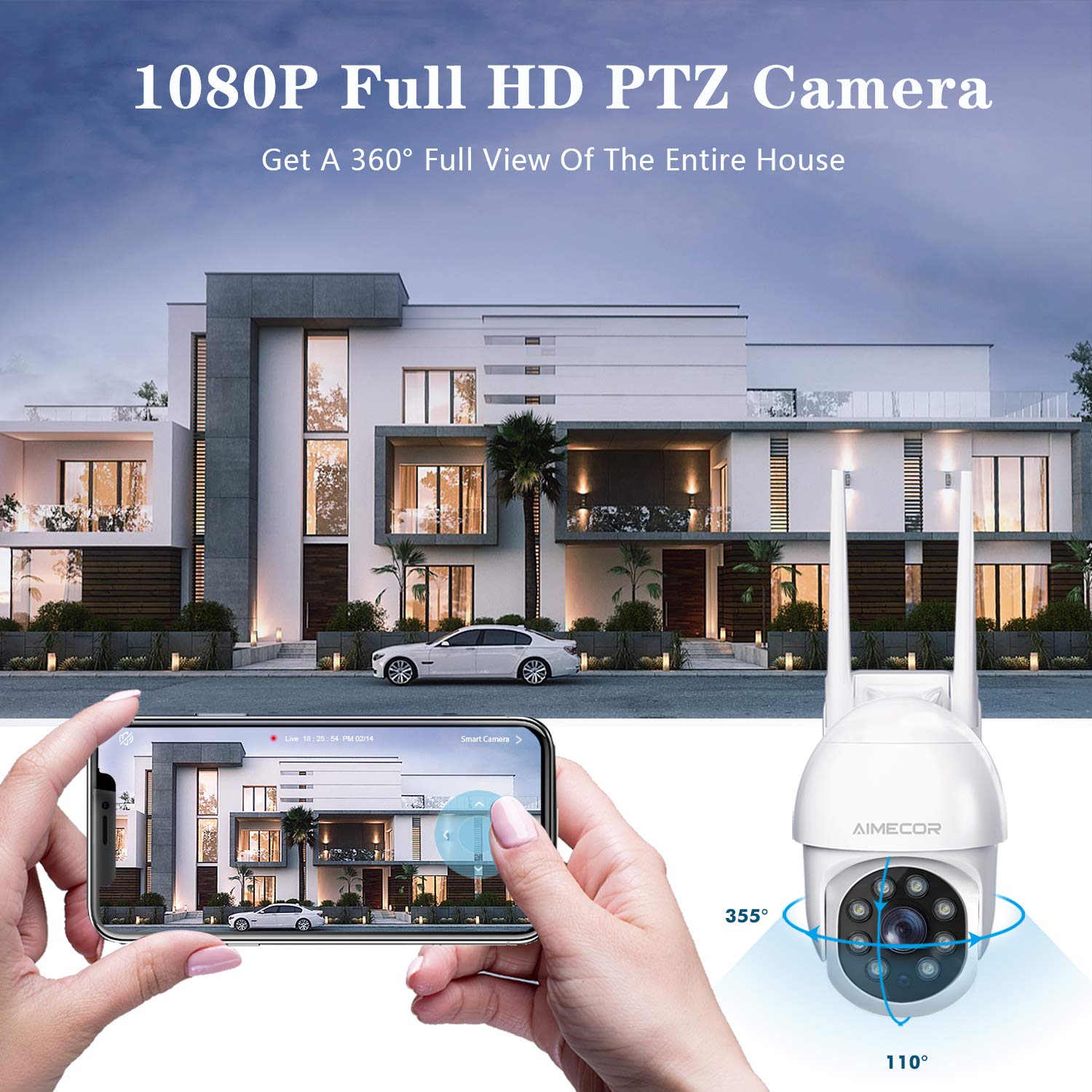 AIMECOR Outdoor Security Camera, FHD 1080P Pan/Tilt 2.4G WiFi Home Surveillance Camera with Night Vision 2-Way Audio Cloud Motion Detection Activity Alert IP66 Waterproof Cloud Alexa - iOS, Android