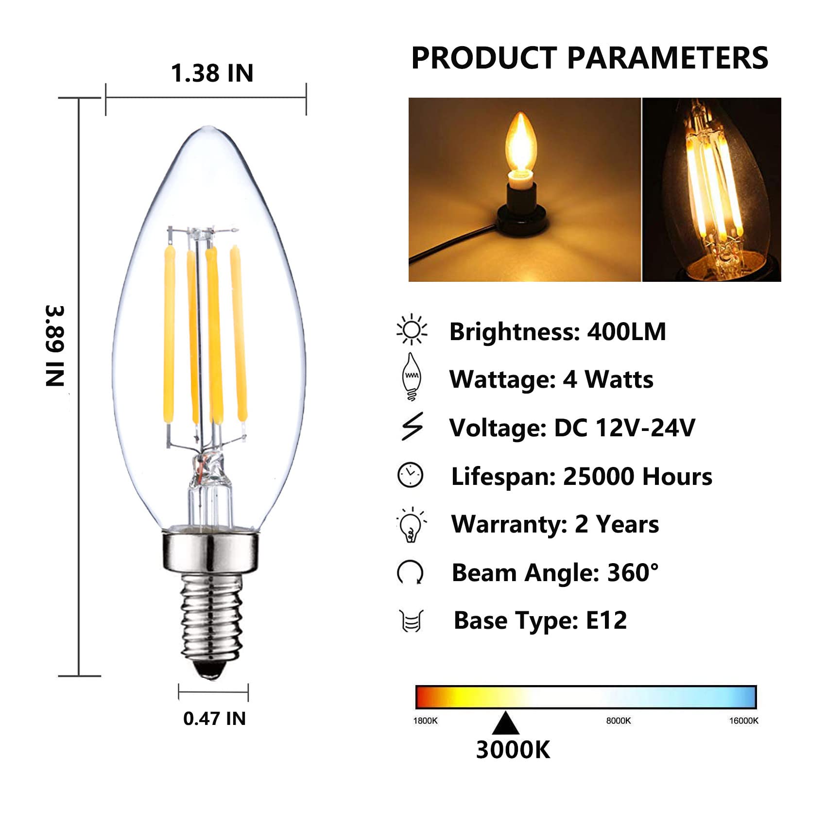 12 Volt LED Candelabra Bulbs E12 Light Bulb 40 Watt Replacement Soft White 3000K, Low Voltage 12V 24V Candelabra E12 Base 4W LED Bulb, Pack of 3
