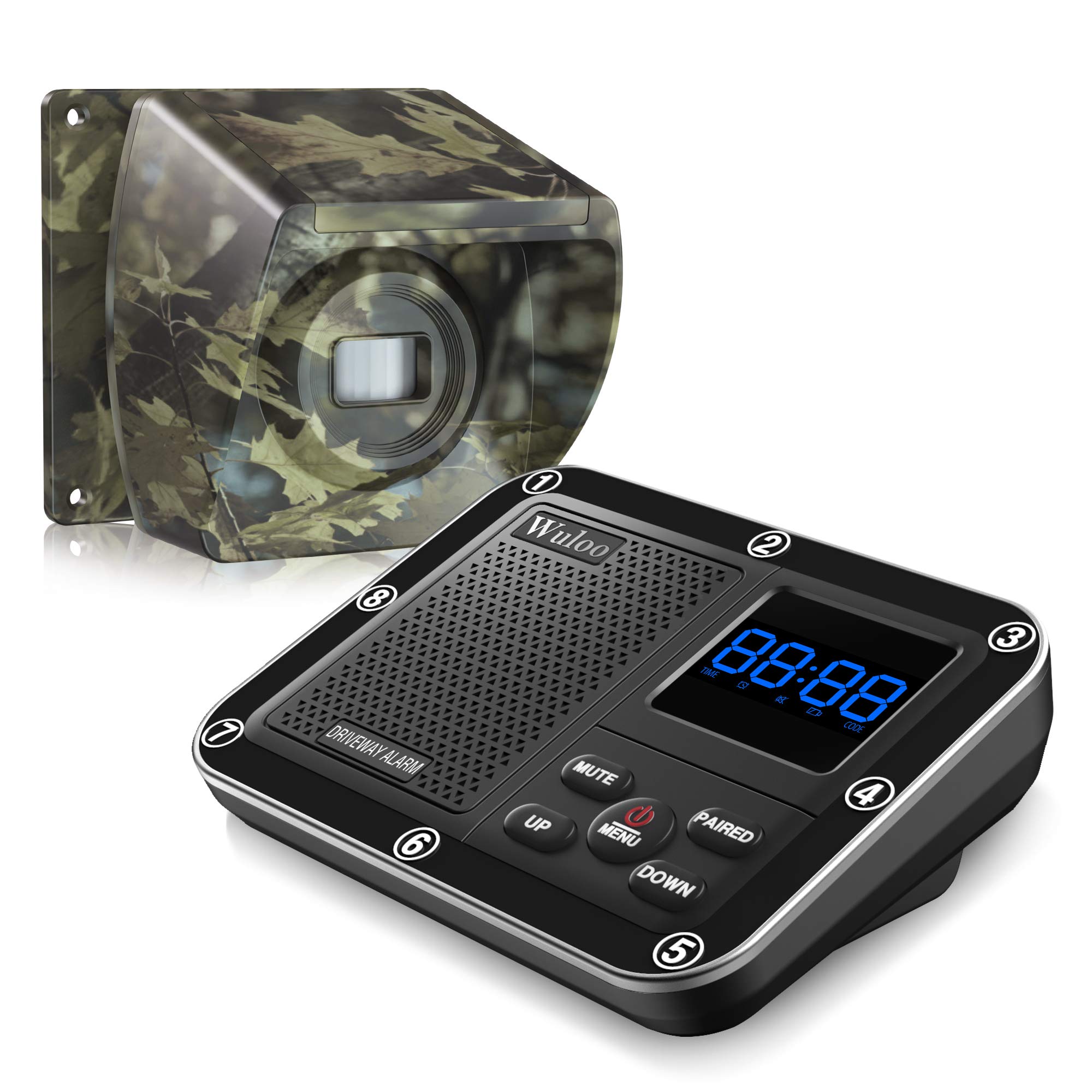 1800 Ft Wireless Outside Driveway Alarm Outdoor Motion Sensor & Detector Driveway Alert System, Rechargeable Battery/Weatherproof/Mute Mode/Clock and Alarm Functional (1&1-Camouflage)
