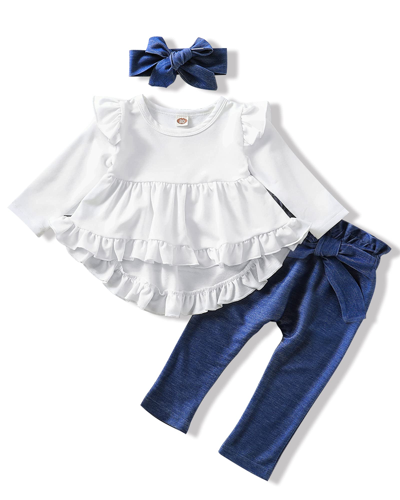 NZRVAWS 12 Months Baby Girls Clothes Infant Outfit 6 Months Toddler Long Sleeve Ruffle White Shirt Tops + Denim Blue Long Pants Fall Winter
