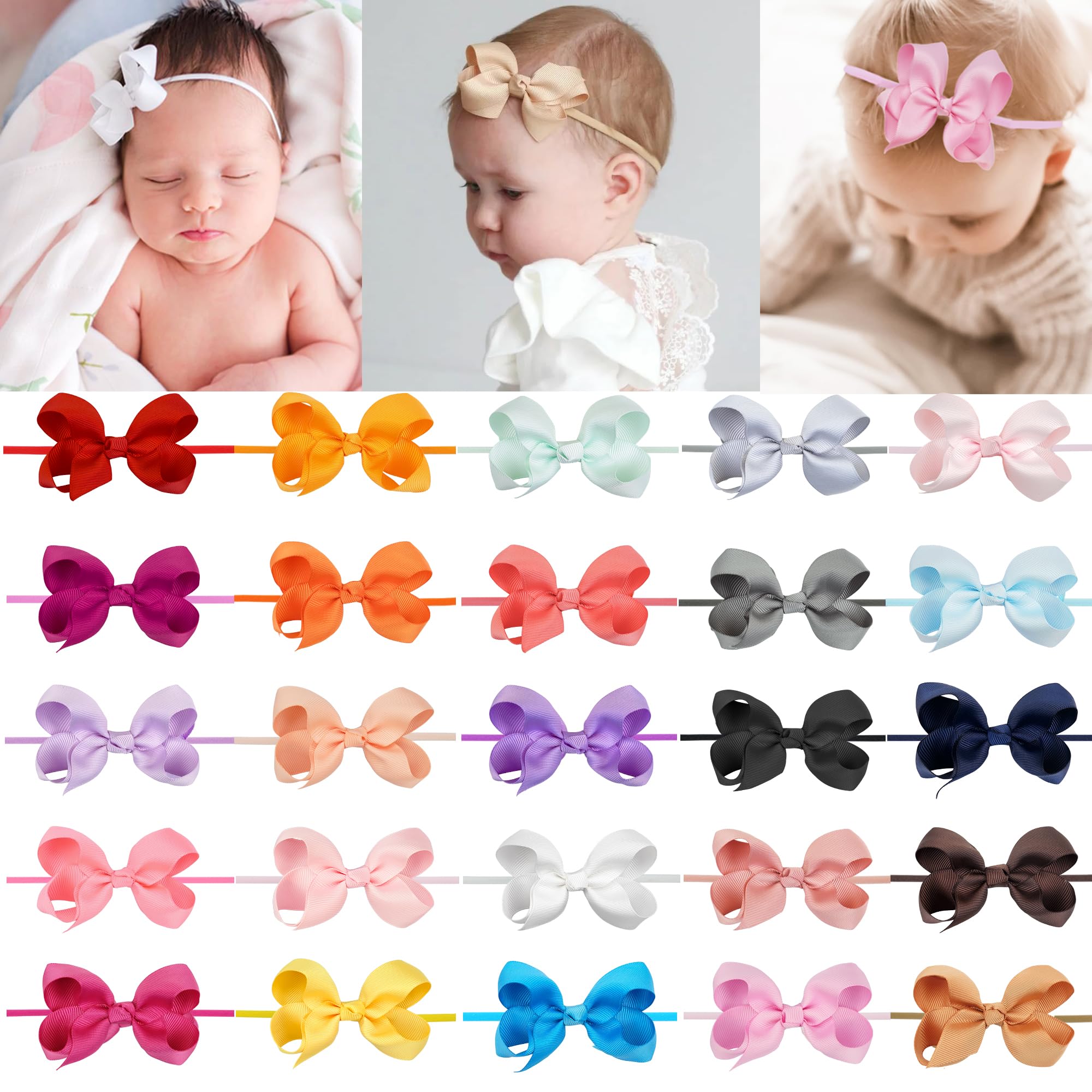 CellElection 25 Colors Baby Girls Headbands 3Inch Grosgrain Ribbon Small Hair Bows Nylon Headbands Soft Stretch Nylon Hairbands Elastics for Newborns Infants Toddlers Kids Children
