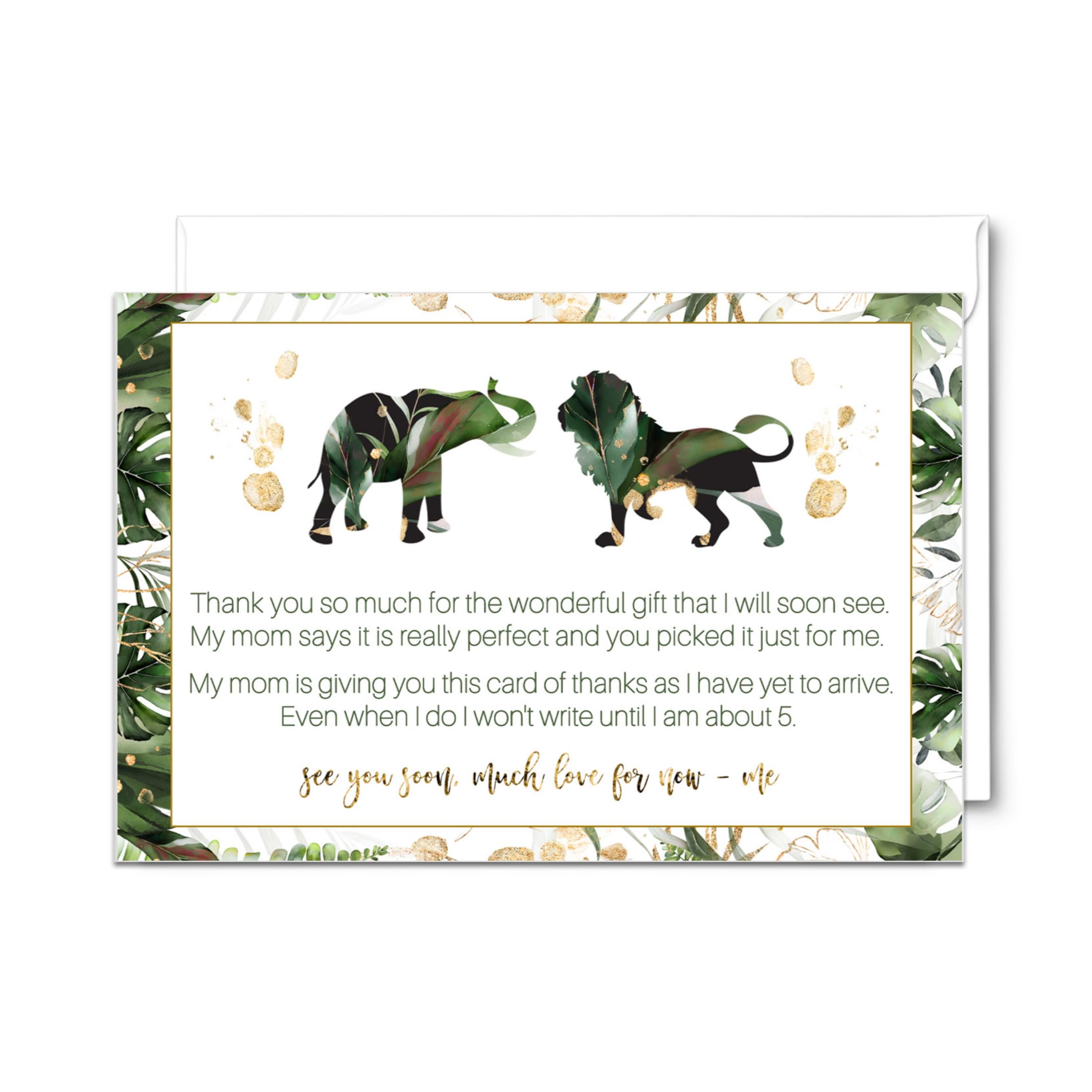 Paper Clever Party Tropical Jungle Baby Shower Thank You Cards with Envelopes - 25 Pack - Blank Notes with Prefilled Message for Gender Neutral Gifts - Royal Green and Gold 4x6 Stationery Set