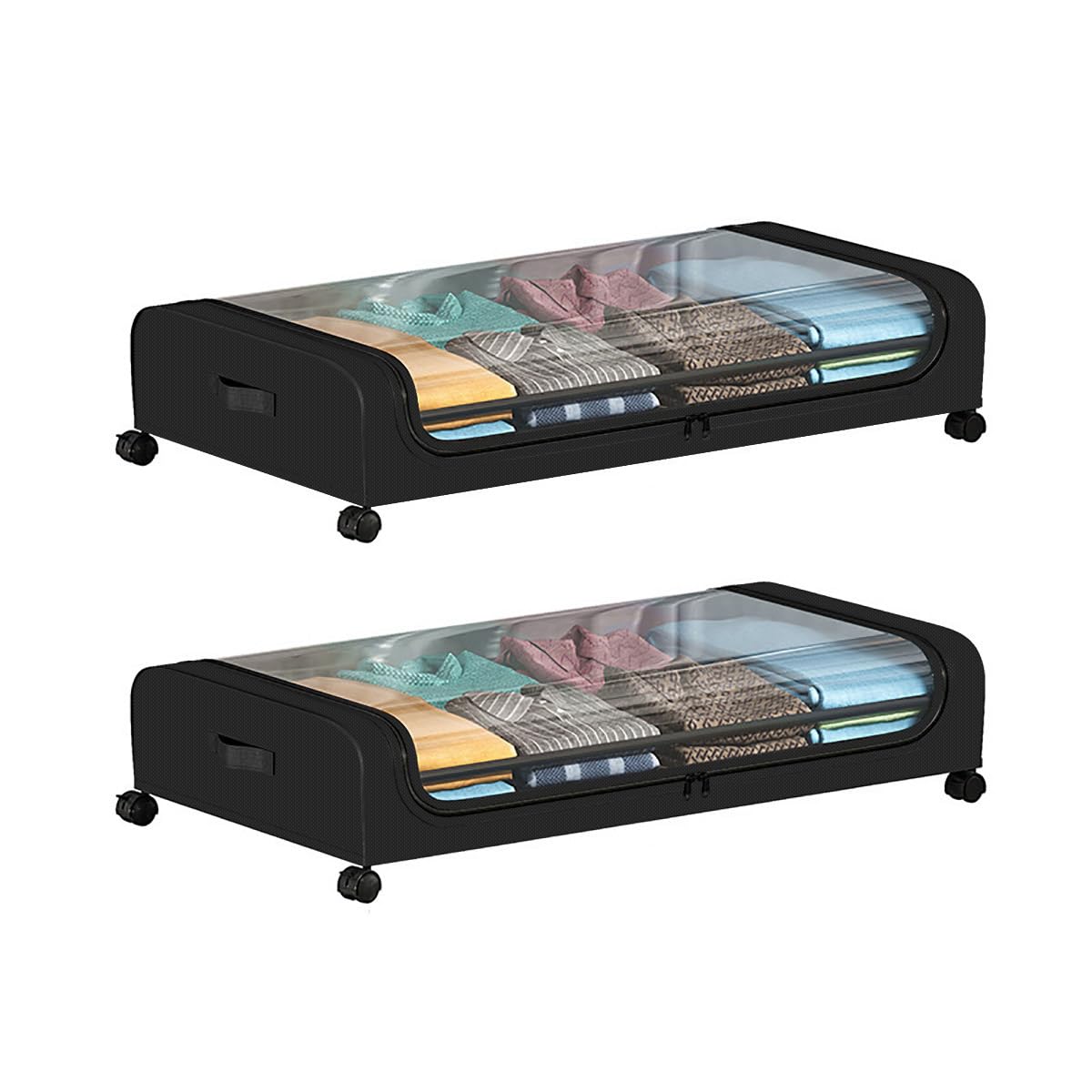 2 Pack UnderBed Storage with Wheels - Large Under Bed Storage with Clear Lid, Underbed Rolling Storage Containers for Shoes, Clothes, Blankets, Books, Toys (Black-A)