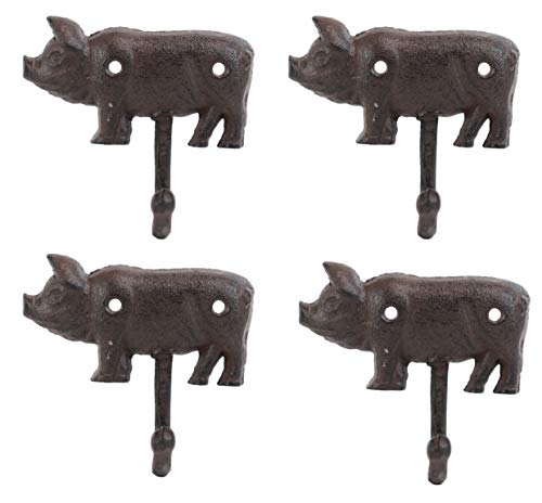Ebros Pack of 4 Cast Iron Western Vintage Rustic Swine Bacon Pig Wall Hook Decor Plaque Multi-Purpose Coats Hats Keys Scarves Belts Towels Pet Leashes Hangers Pigs Hook