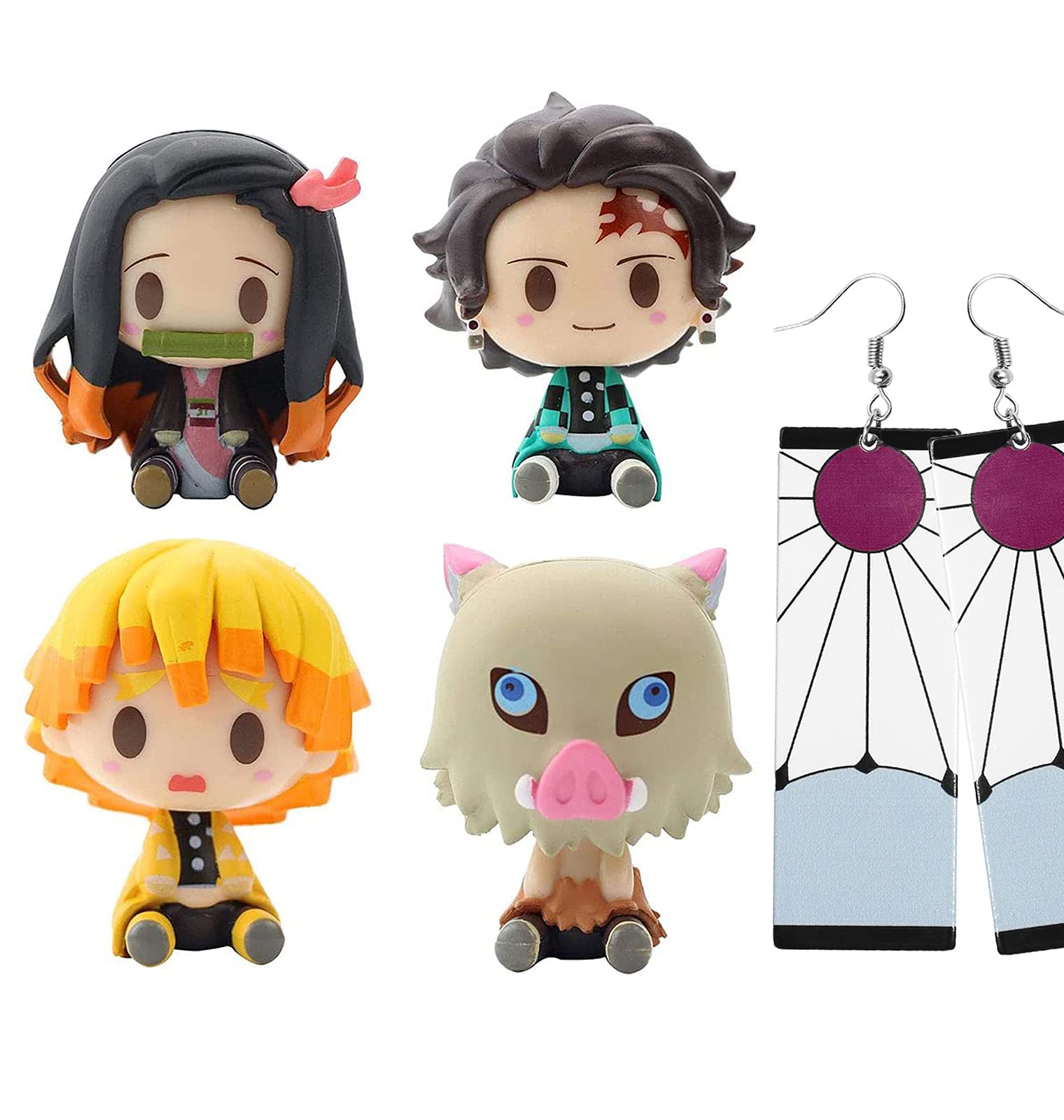 4 Pcs Demon 鬼滅 Slayer Mini Figures with Tanjiro Earrings, 1.77 Inch Anime Figure Set, Tanjiro Pop Figure Statues for Car Home Decoration