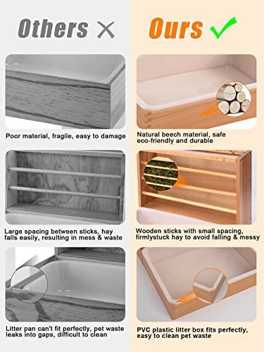 2 in 1 Large Hay Feeder with Litter Box, Safe Wooden Bunny Feeder Manger, Hay Holder Rack Toilet for Rabbit Guinea Pig Hamster Small Animals Reduces Waste