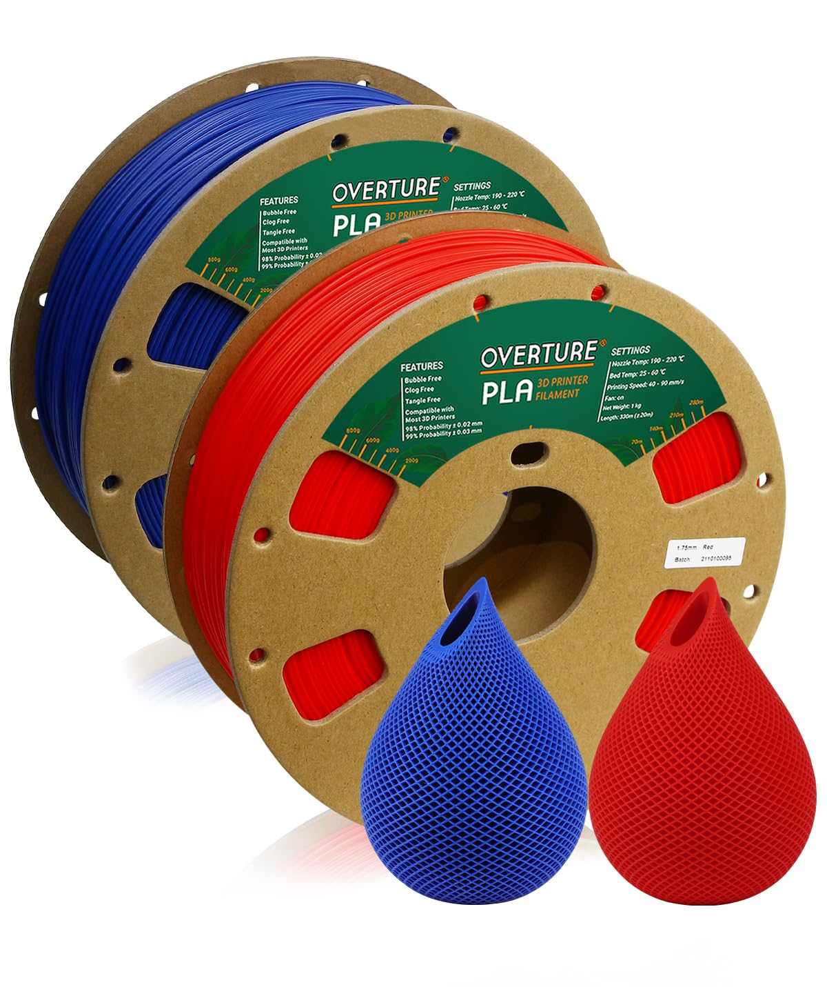 OVERTURE 3D Printer Filament PLA Filament 1.75mm, 2kg Cardboard Spool (4.4lbs), Fit Most FDM 3D Printers,Dimensional Accuracy +/- 0.03mm(Red + Blue)