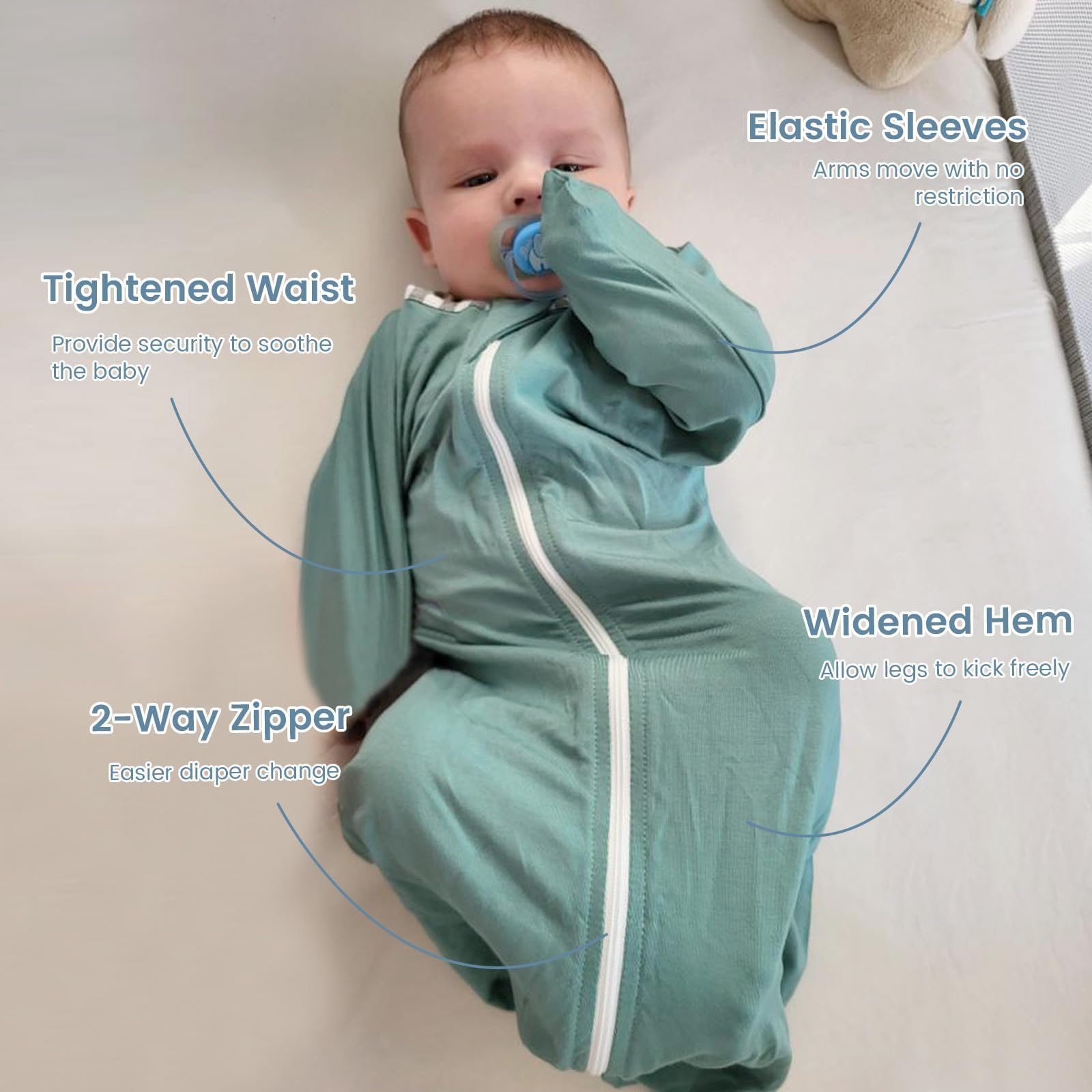 ZIGJOY Shark-Fin Transition Swaddle - 0.5 Tog Rayon Made from Bamboo Sleep Sack Transitional Swaddle Sack Baby Wearable Blanket with 2-Way Zipper, Mint Green, 3-6 Months