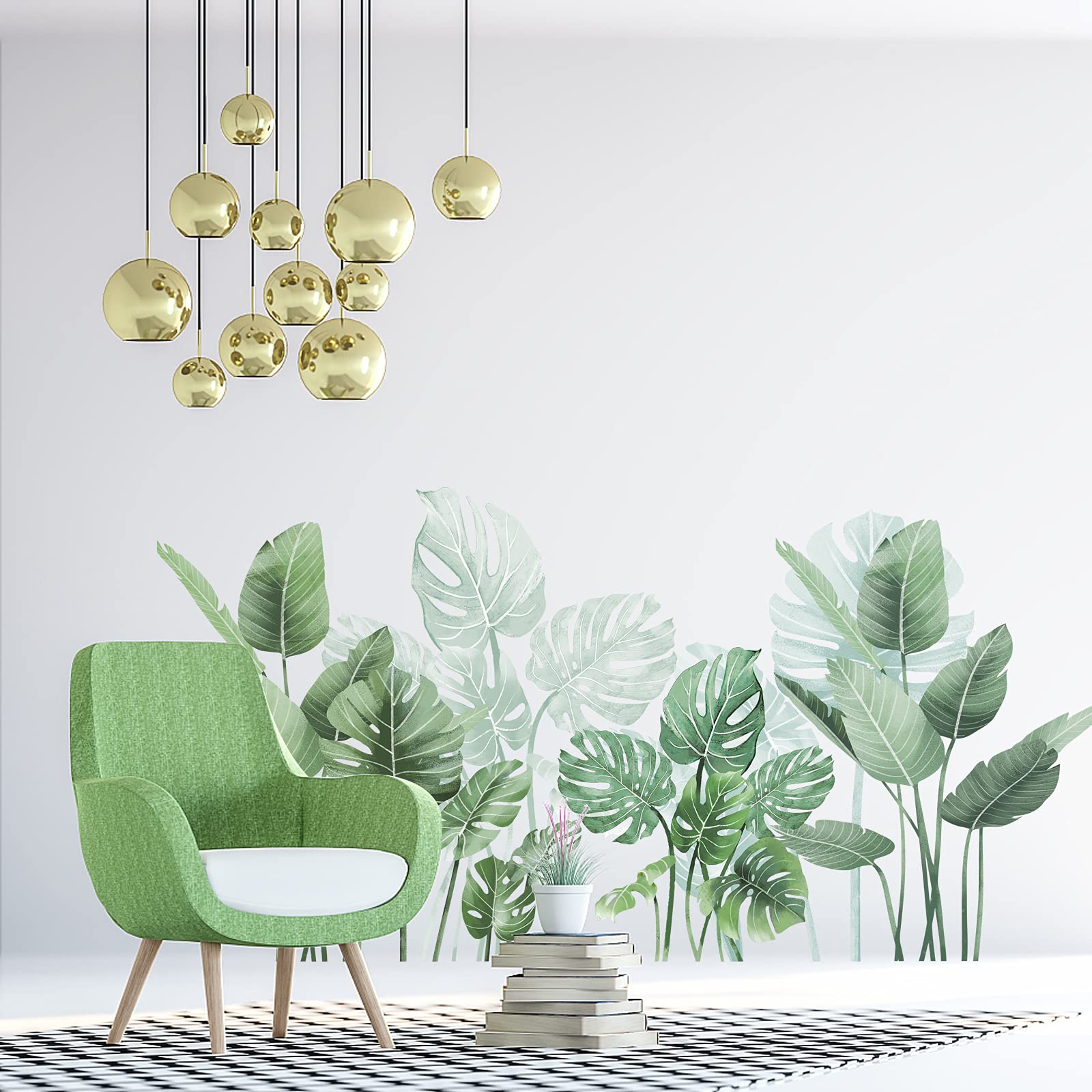 Tropical Green Plants Leaf Wall Stickers, ULENDIS Removable Nature Palm Tree Leaves Wall Decals, Creative Skirting Line Art Mural Decor for Kids Nursery Living Room Bedroom Kitchen