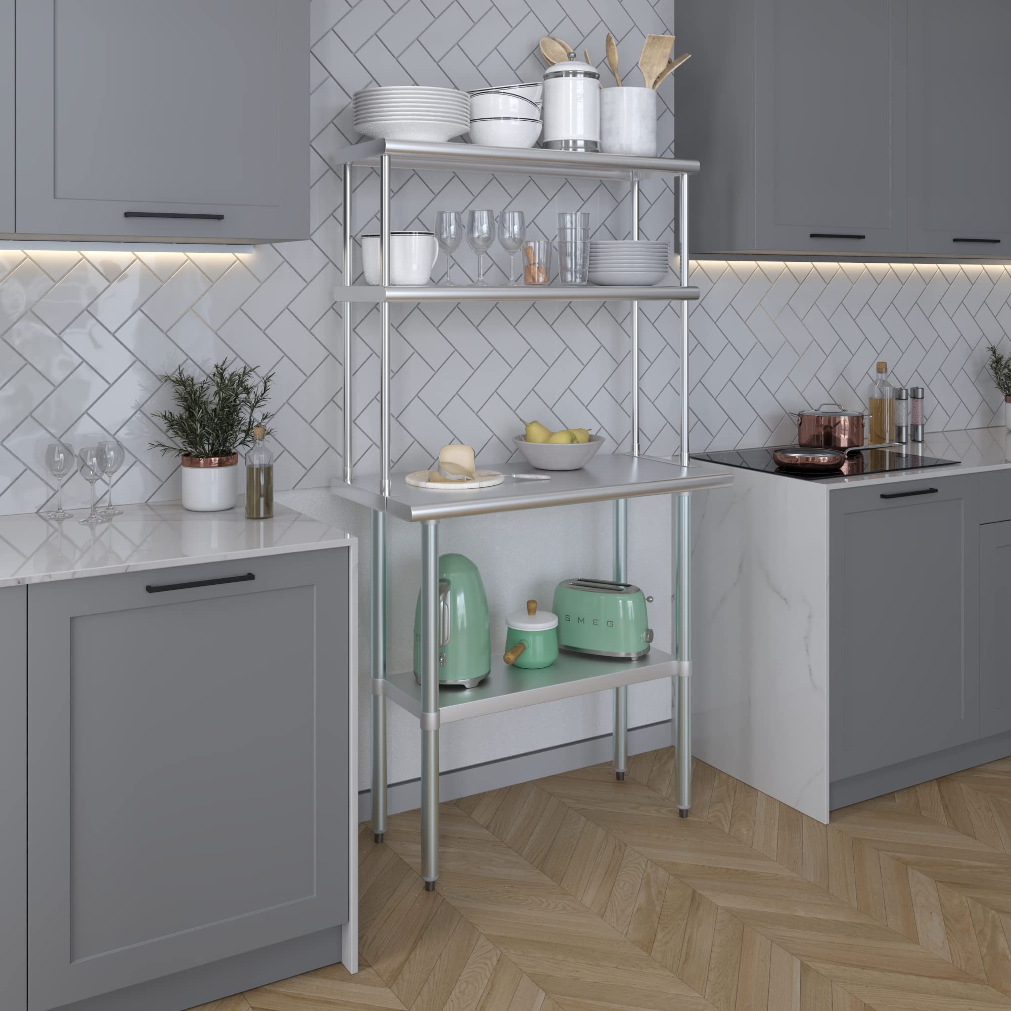 18" x 36" Stainless Steel Work Table with 12" Wide Double Tier Overshelf | Metal Kitchen Prep Table & Shelving Combo