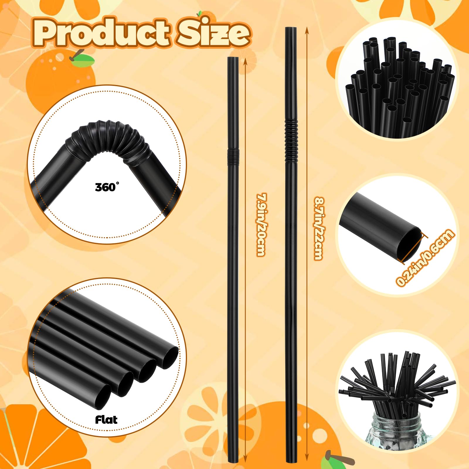 1000 Pcs Flexible Disposable Plastic Drinking Straws Bulk Plastic Long Flexible Straws (Black)