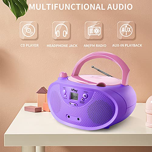 hPlay Gummy GC04 Portable CD Player Boombox with Digital Tunning AM FM Stereo Radio Kids CD Player LCD Display, Aux-Port Supported AC or Battery Powered - Pastel Violet