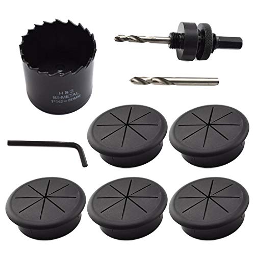 2 Inch Desk Grommet and Hole Saw Kit, OZXNO 5-Pack 50mm Flexible Desk Wire Cord Hole Cover with Matching Holesaw Drill Bits for Cable Organizer Wiring Management and Protection