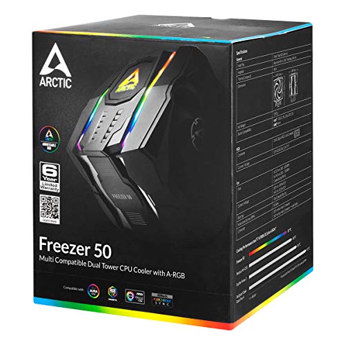 ARCTIC Freezer 50 (incl. A-RGB Controller) - Multi Compatible Dual Tower CPU Fan with A-RGB, CPU Air Cooler for AMD and Intel, Two Pressure-Optimised Fans, 6 Heatpipes, Incl. MX-4 Thermal Paste