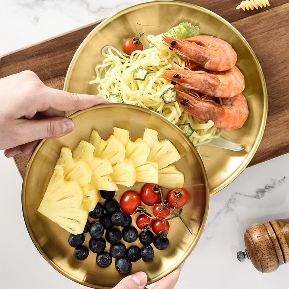 12 Pack Stainless Steel Plates, Reusable Brushed Metal Dinner Plates, Durable Metal Dinner Dishes for Picnic BBQ Steak(gold)