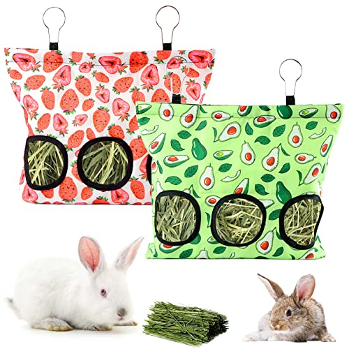 2 Pieces Rabbit Hay Feeder Bag, Guinea Pig Hay Feeder Storage Bunny Hay Bag Hanging Feeder Bag for Rabbits with 3 Holes Large Capacity for Small Animal (Strawberry+Avocado)