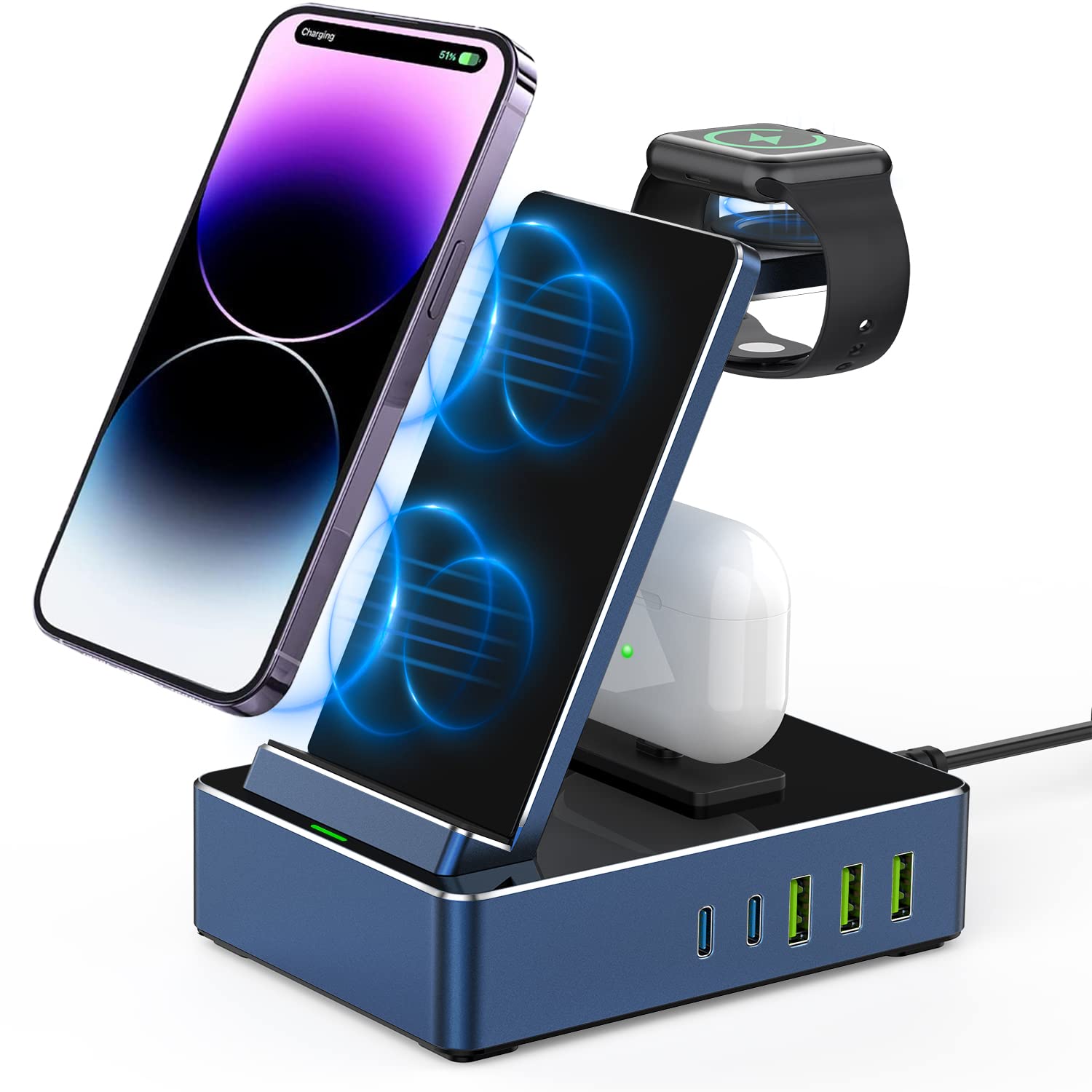 100W Aluminum Alloy Charging Station, 8 in 1Wireless Charging Station for Multiple Devices USB C Charging Station Compatible with iPhone Series, iWatch, (Blue)