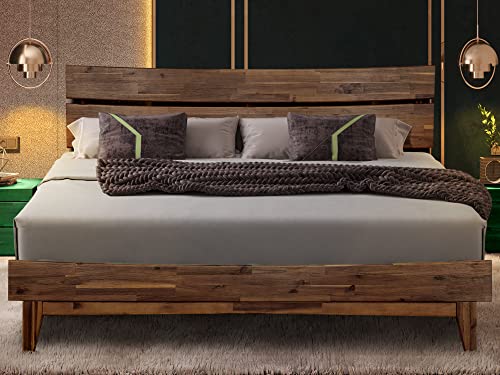 Acacia Aurora Bed Frame with Headboard Solid Wood Platform Bed, King Size Bed Frame, Headboard Wood Bed Compatible with All Mattress Types, No Box Spring Needed, Quick & Easy Assembly, Chocolate