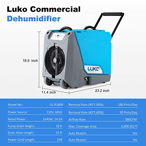 180 Pints Commercial Dehumidifiers for Basement, with Pump Drain Hose for Warehouse&Job Sites, Large Capacity Rotational Molded Portable Crawl Space Dehumidifier for Efficient Water Damage Restoration