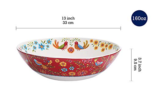 Bico Red Spring Bird Ceramic 13 inch Serving Bowl, Microwave & Dishwasher Safe