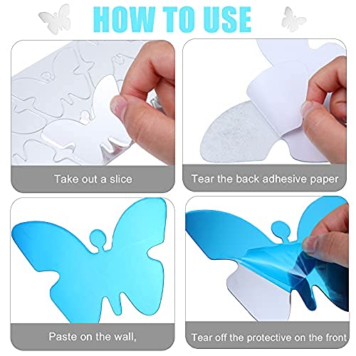 17 Pieces 3D Acrylic Mirror Wall Decor Stickers Removable Butterfly Mirror Wall Stickers DIY Mirror Butterfly Mural Stickers Butterfly Wall Stickers Decals for Home Living Room Bedroom (Silver)