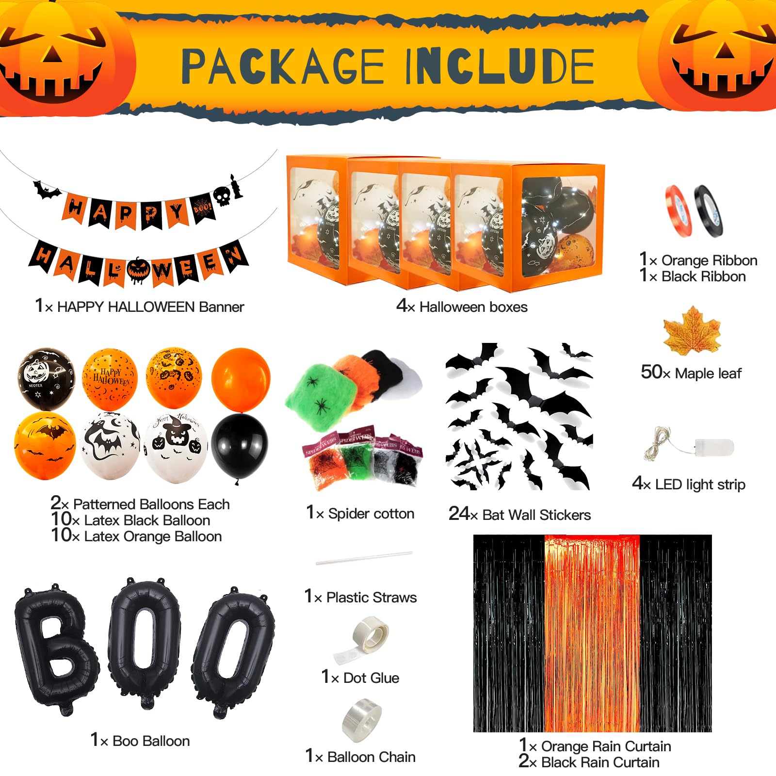 128 Pcs Halloween Party Decorations, Halloween Party Supplies - Halloween Balloon boxes, String Light, "HAPPY HALLOWEEN" Banner, "BOO" Banner, Multi Balloons, Bat Decor, Spider Wed