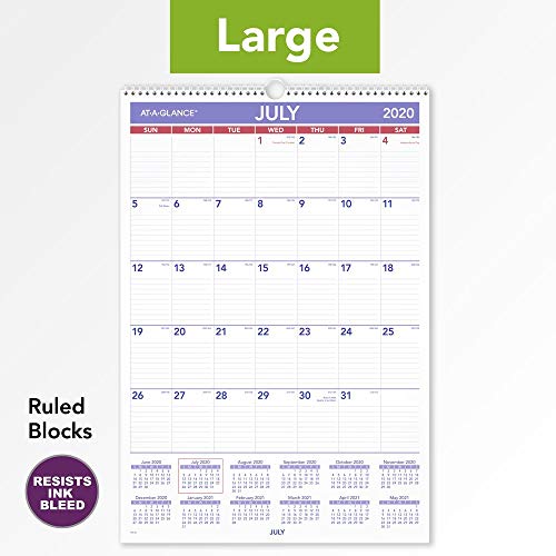 Academic Wall Calendar 2020-2021, AT-A-GLANCE, 15-1/2" x 22-3/4", Large, Wirebound, Plan-A-Month (AY328) ( July 2020 to June 2021)