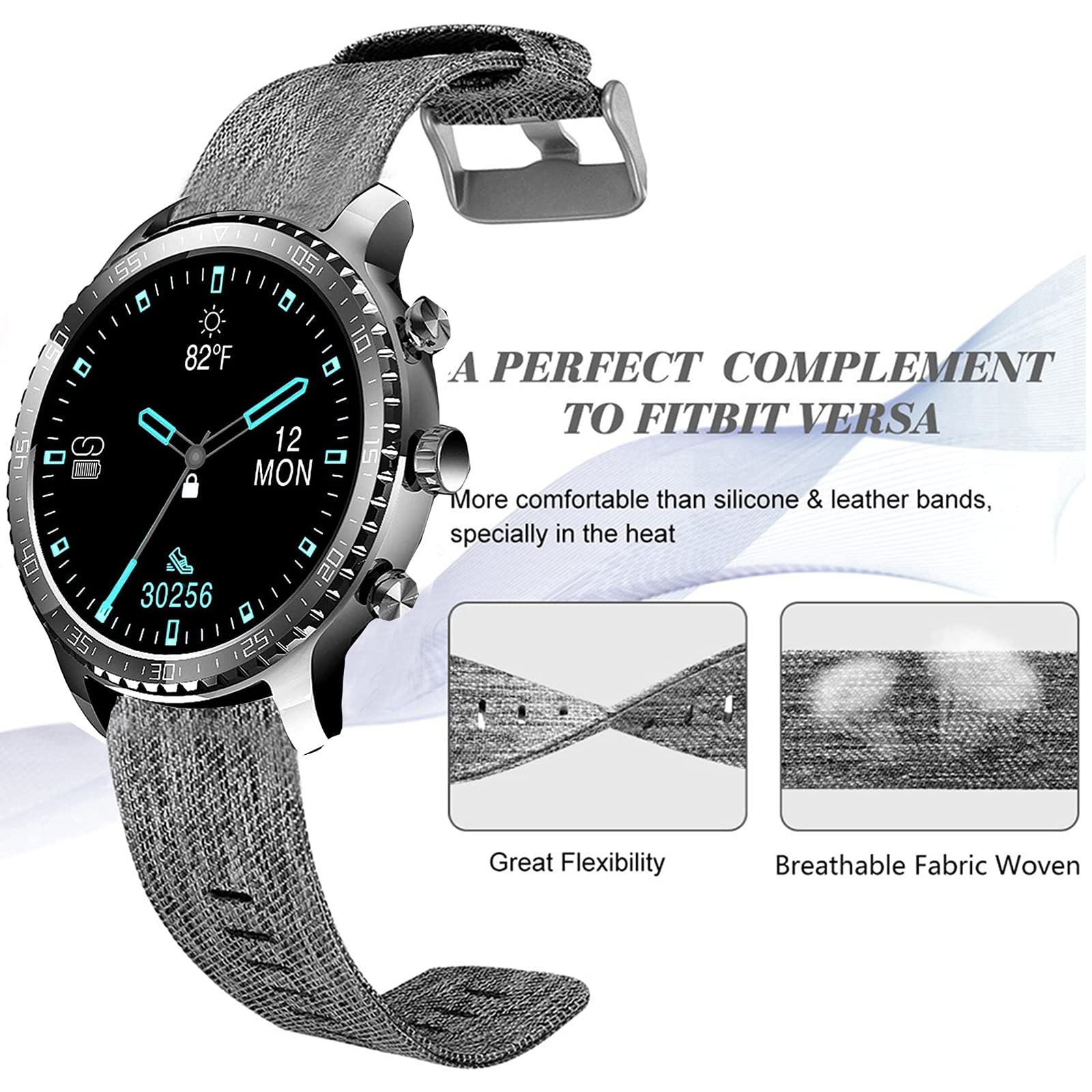 Lamshaw GT01 Smartwatch Band, Breathable Nylon Woven Fabric Replacement Accessory Strap Compatible for Dirrelo GT01 / LETSCOM GT01 1.55" / Hamile Smart Watch/Fitpolo GT01 Smartwatch (Gray)