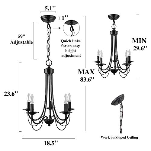 GEPOW Black Farmhouse Chandelier Rustic Pendant Lighting, Small 5-Light Fixture with 2-Layer Arms for Dining Room, Bedroom, Living Room and Foyer