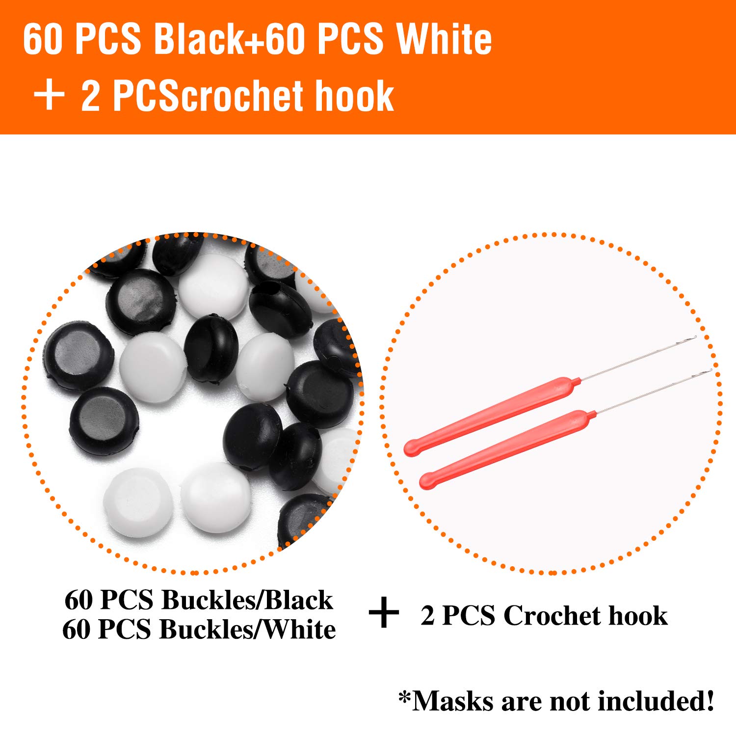 120 PCS Black and White Adjustable Soft Elastic String Cords Buckle Adjuster with 2 pcs Crochet Hook,Suitable for All Different Sizes of mask Straps Bands （1/8,1/5,1/4,5/8 Straps）