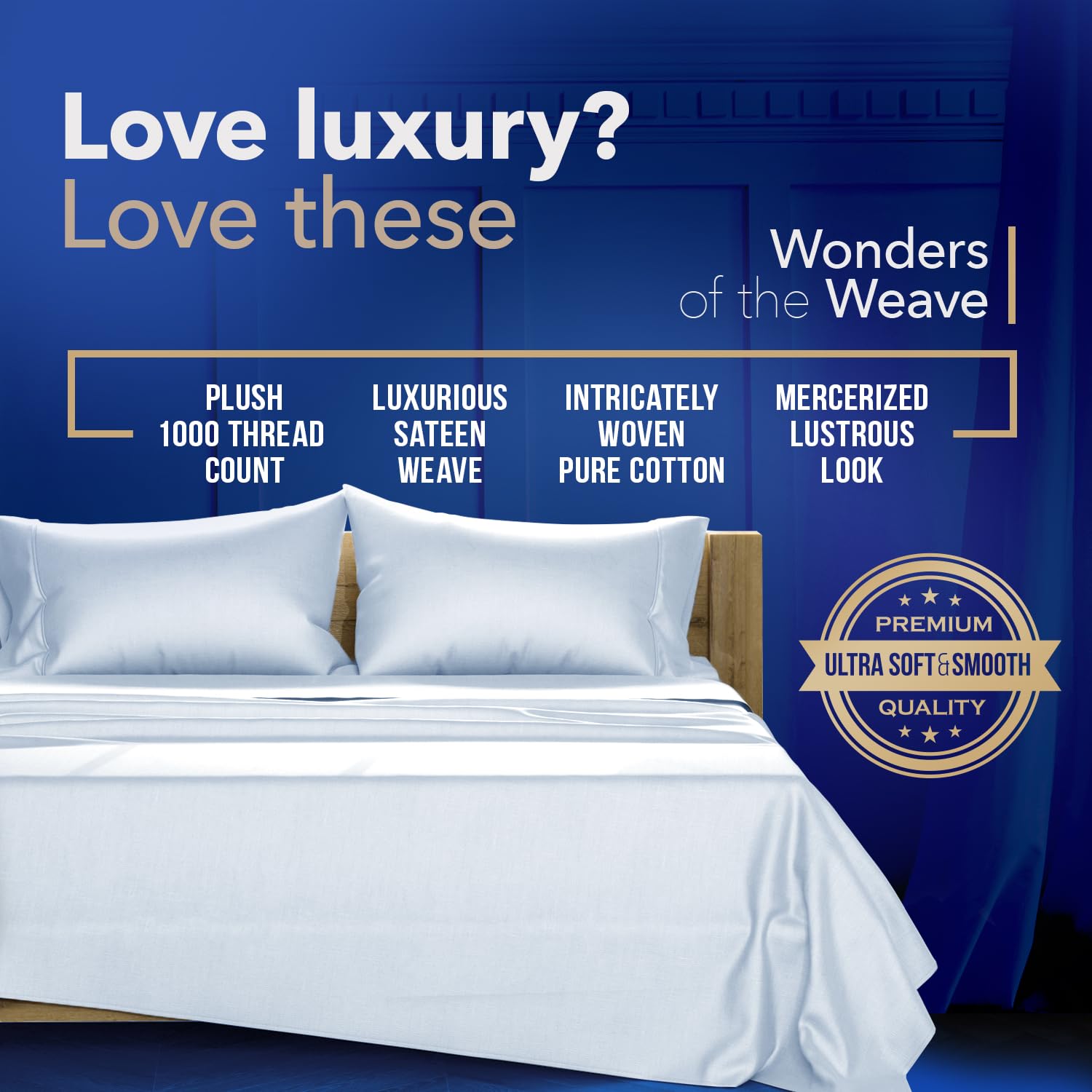 1000-Thread-Count 100% Pure Cotton Bed Sheets - 4 Pc Cal King Size Light Blue Sheet Set, Single Ply Long Staple Combed Cotton Yarns, Best Luxury Sateen Weave, Fits Mattress Upto 16'' Deep Pocket