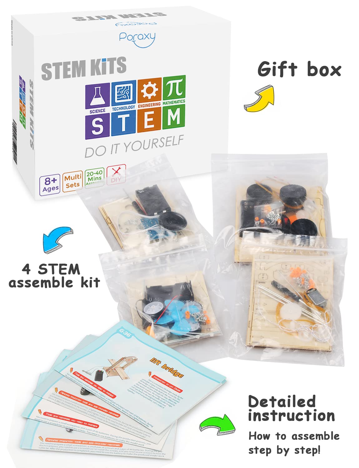 4 Set STEM Kits, Science Experiment STEM Projects for Kids Age 8-12, Model Car Kit, Educational Building Kits,3D Wooden Puzzles, DIY STEM Toys, Birthday Gift for Boys and Girls Ages 8 9 10 11 12