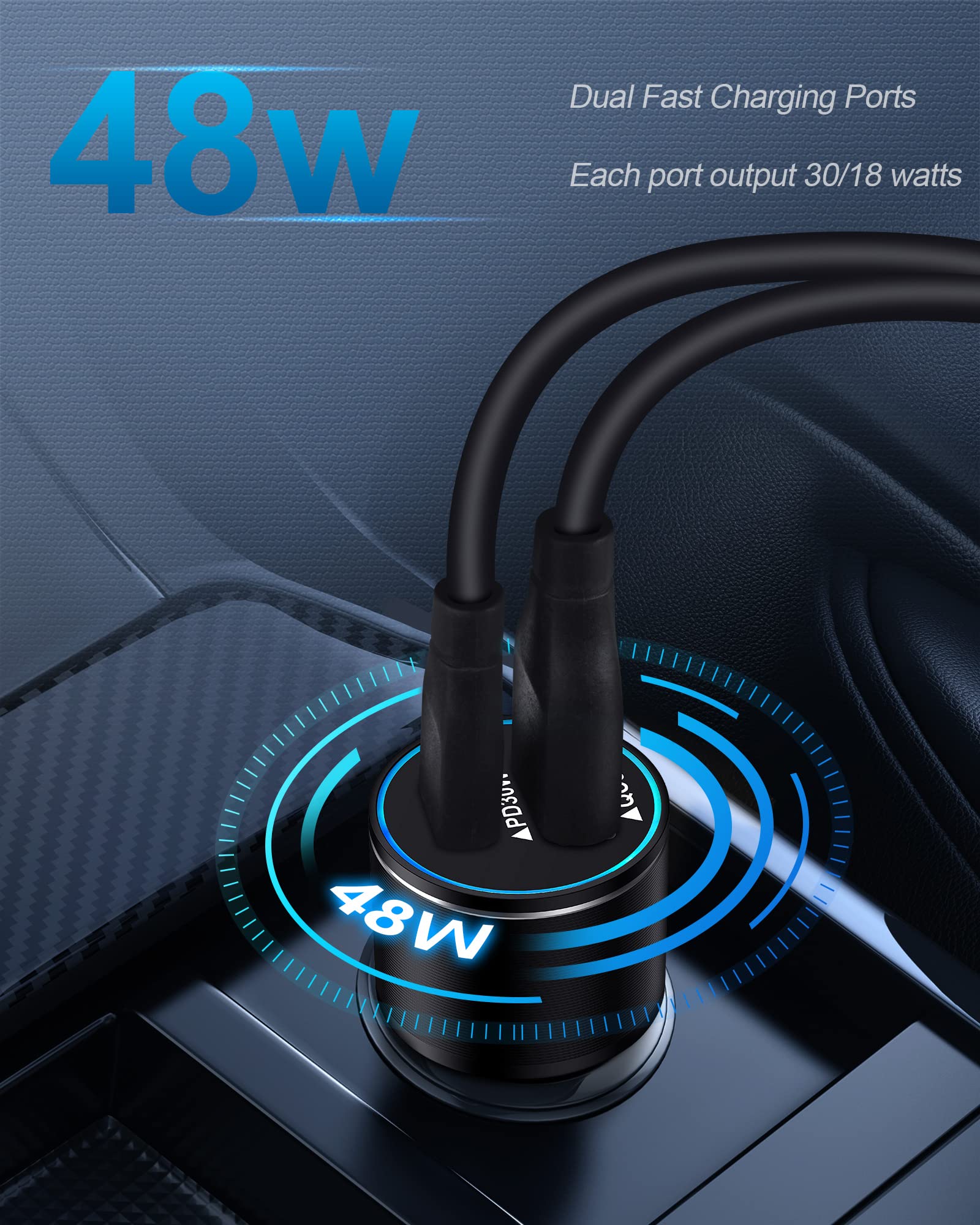 12 Volt USB Outlet, 30w+18w Dual Port USB C Car Charger, Super Fast Charging Cigarette Lighter Adapter Usbc Cargador Carro Auto Plug Phone Car Charger for Android Samsung Galaxy, Google, Apple iPhone