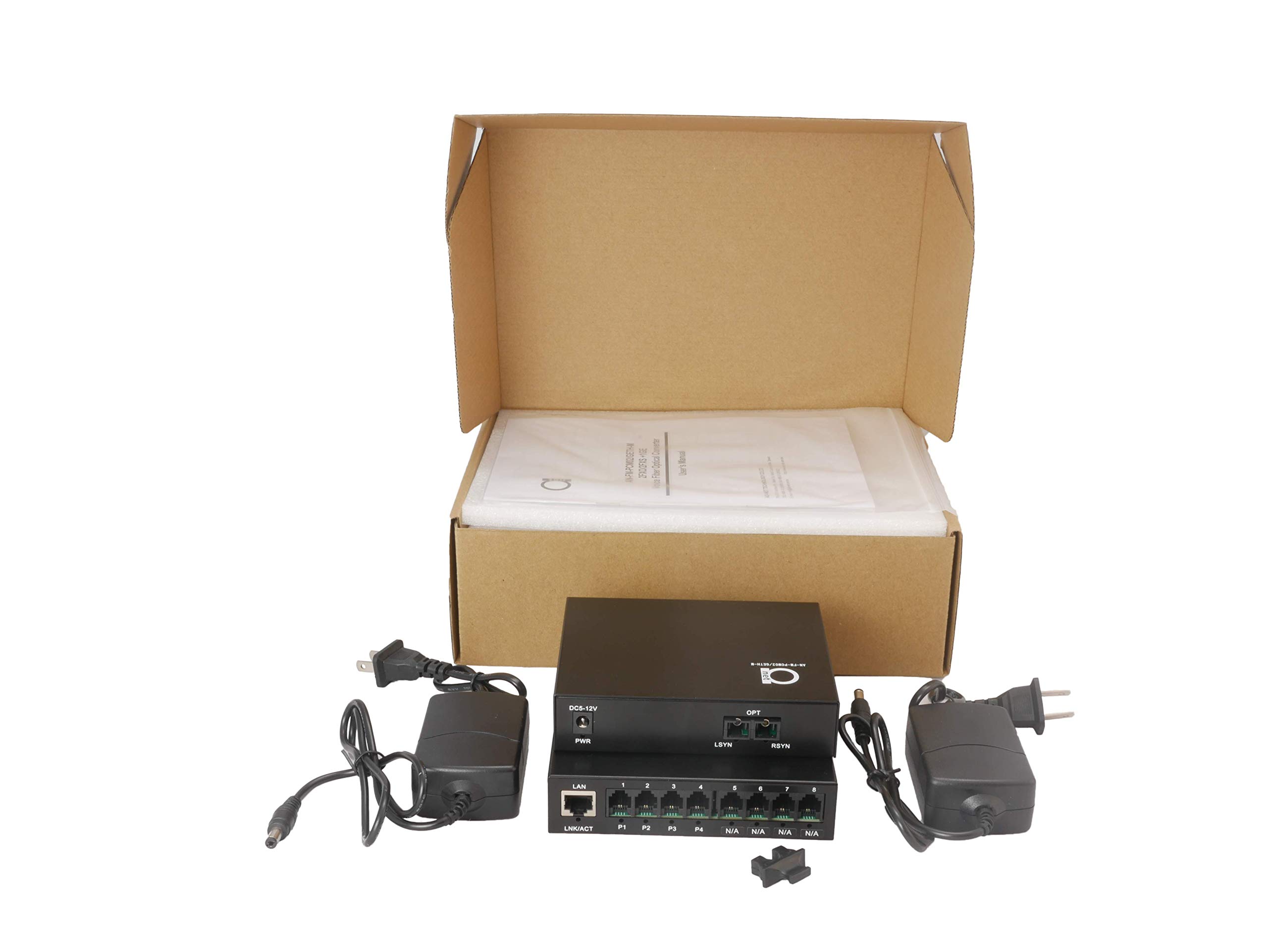 4 x POTS RJ11 Telephone and Gigabit Ethernet Over Fiber Converter - Multiplexer - Extender Set of FXS FXO Units - Universal Single and Multimode - 1 km MM (0.6 mi) 20km SM (11.4 mi) - Voice Over Fiber