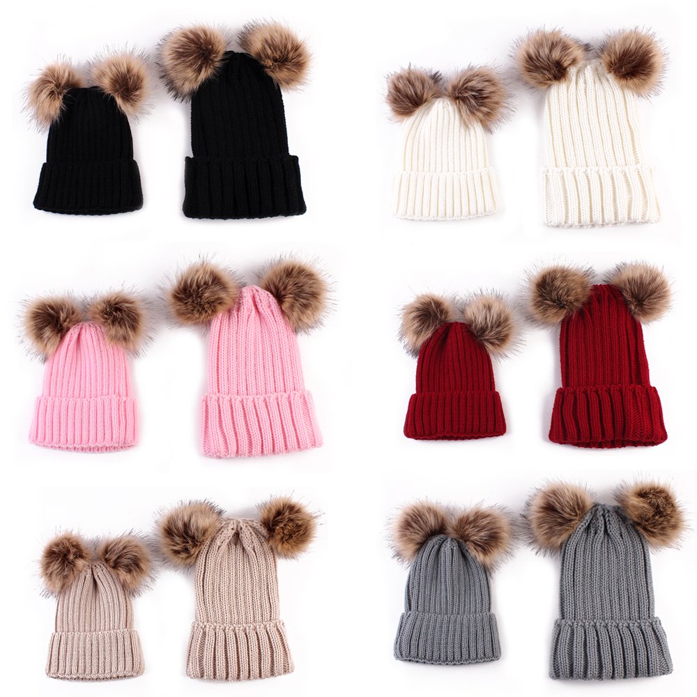 2PCS Parent-Child Hat Winter Warmer, Baby Hat/Women Hat, Mother & Baby Knit Hat Winter Warm Crochet Cap Beige