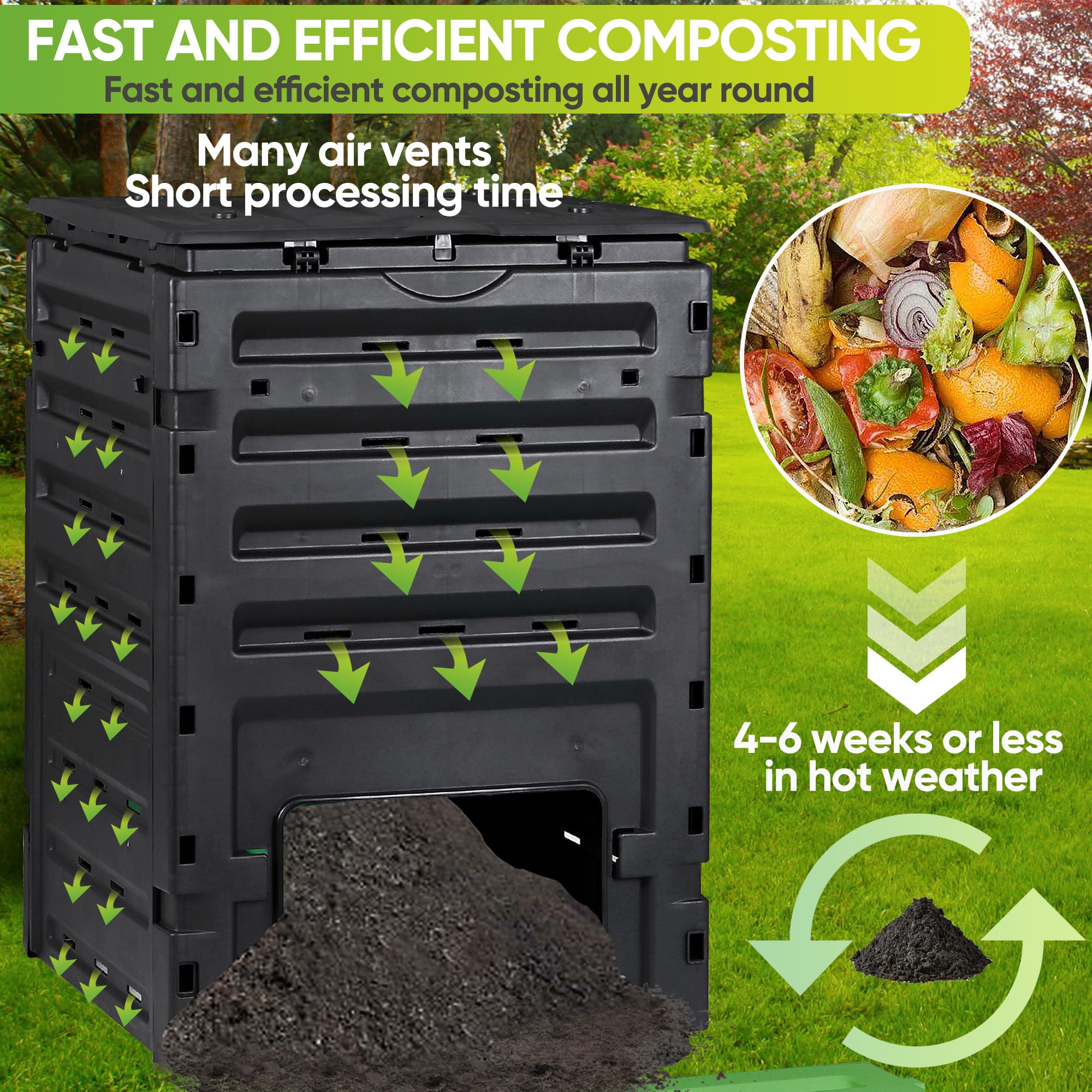 120 Gallon (450L) BPA Free Garden Compost Bin - Easy Assembly, Aerating Outdoor Compost Box for Fast Fertile Soil Creation